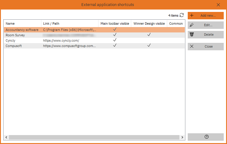 External applications shortcuts – Winner Bizz