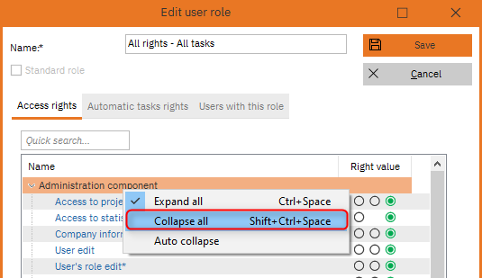 Description of user role access rights – Winner Bizz